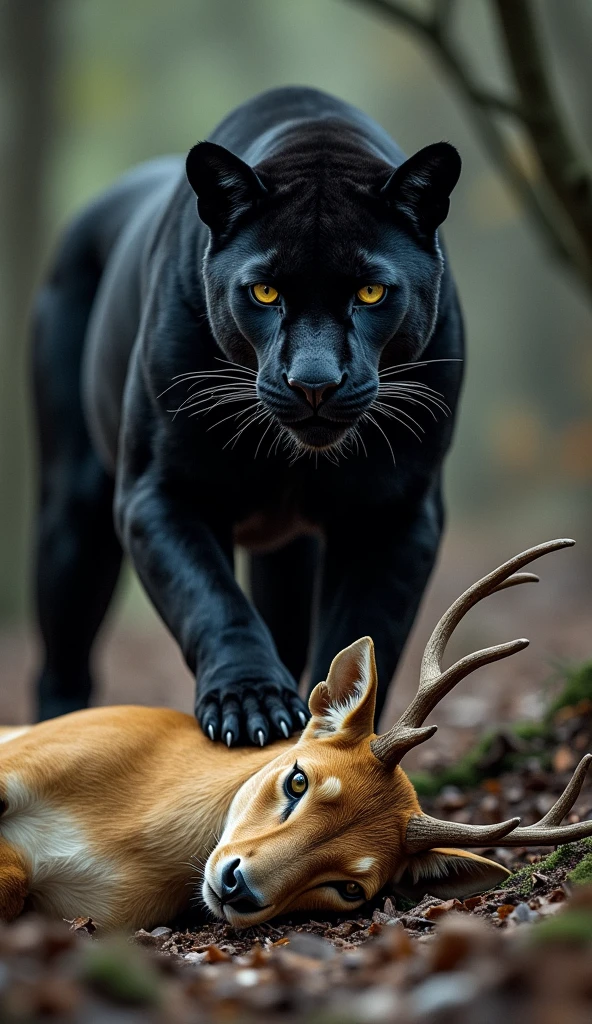 A dead yellow deer is lying on the ground and an black panther is ...