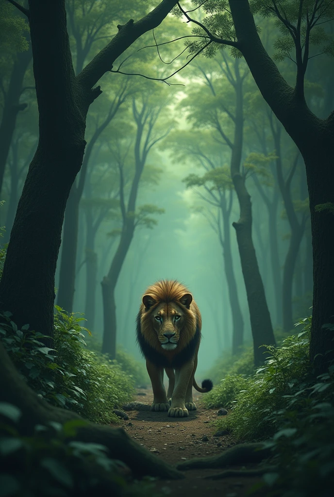 A lion small walking in the forest with a sad look - SeaArt AI