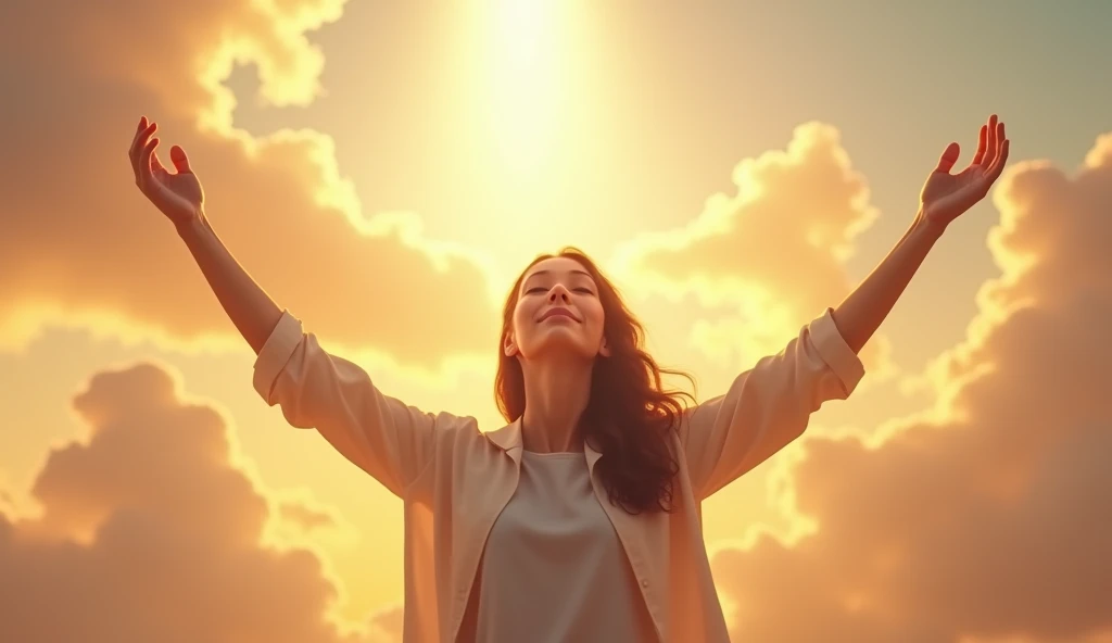 A woman standing with her arms raised toward the sky, symbolizing ...