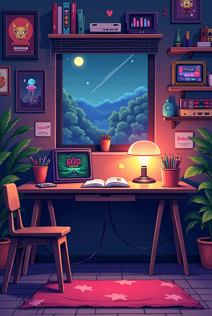 Pixelated game room background, with study table. it should be ...