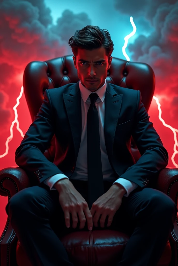 Make a a young handsome man wearing dark black classy suit sitting on a ...