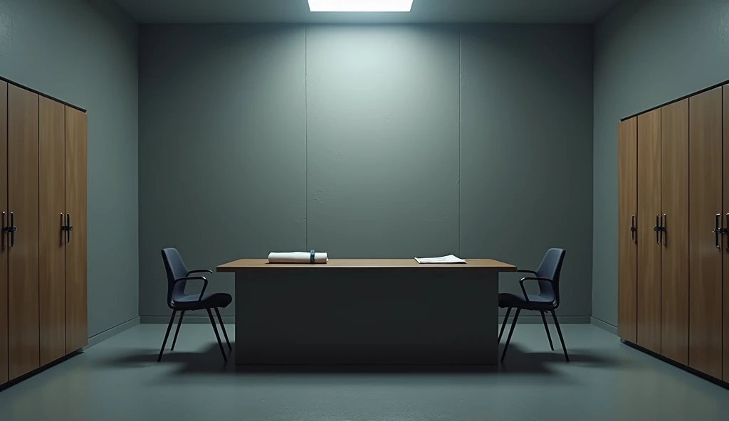 There are cabinets in the gray wall police station interrogation room ...