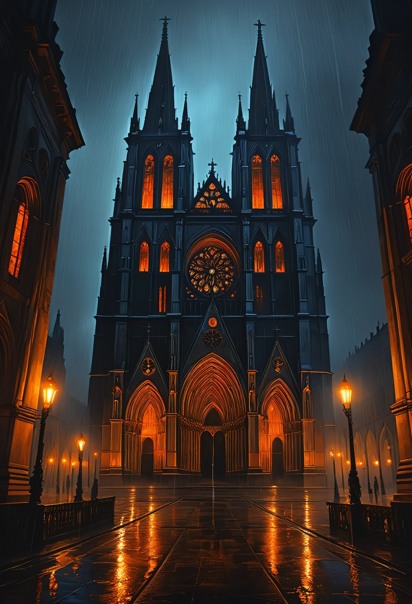 Arafed view of a cathedral with a clock tower in the rain - SeaArt AI