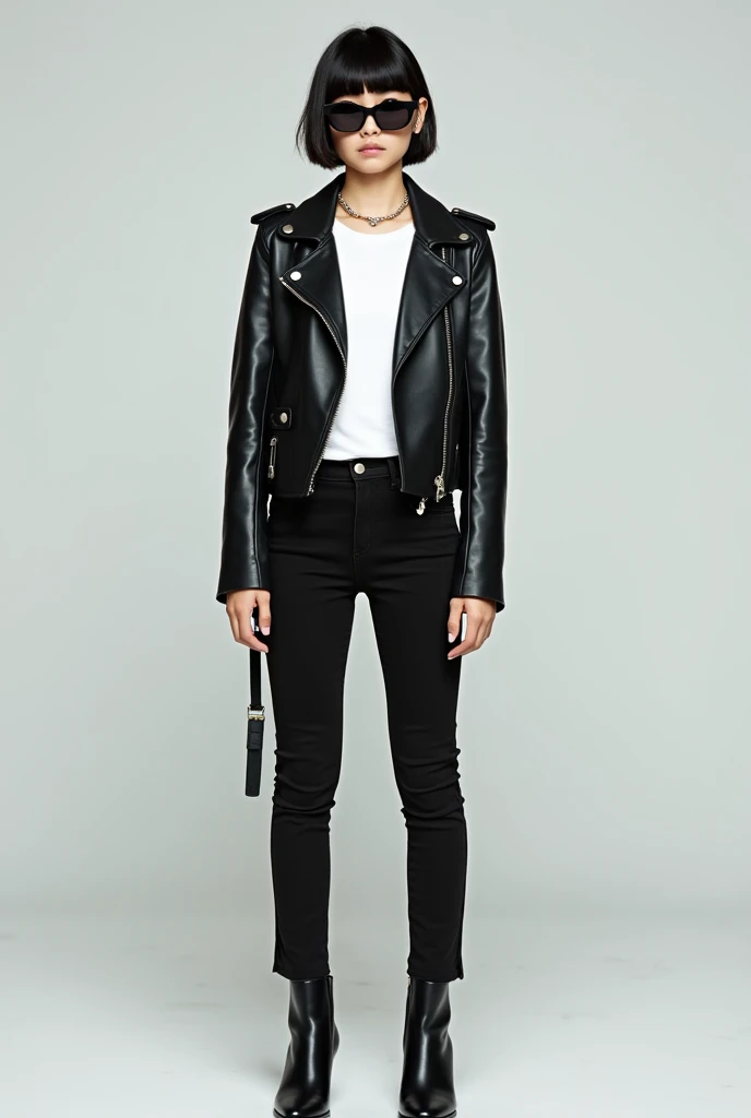 A girl wearing black haft leadejacket jacket and inside white t shirt ...