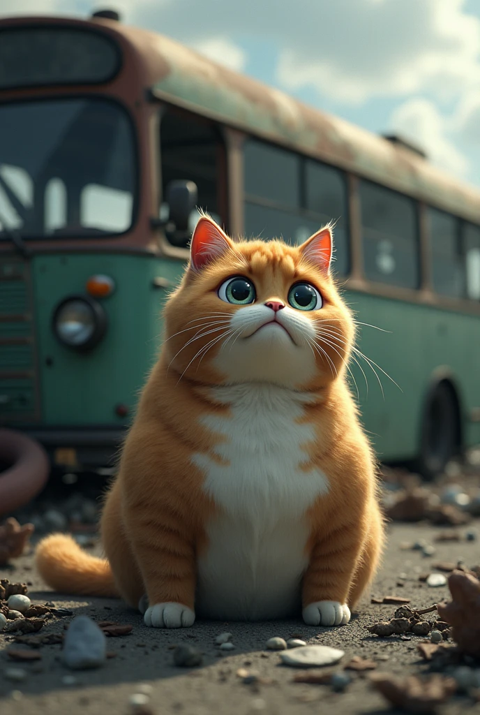 Chubby Cat Crying Near the Broken Bus - SeaArt AI