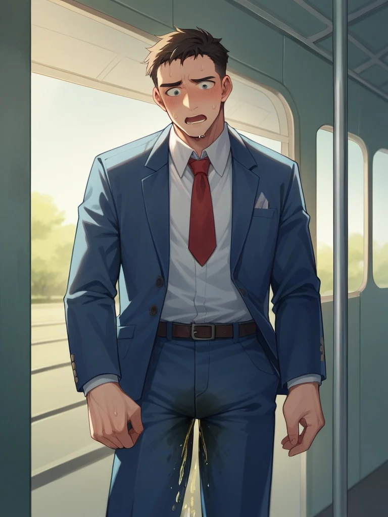 20 years old slender and mascular man, wearing blue suit. He is peeing ...