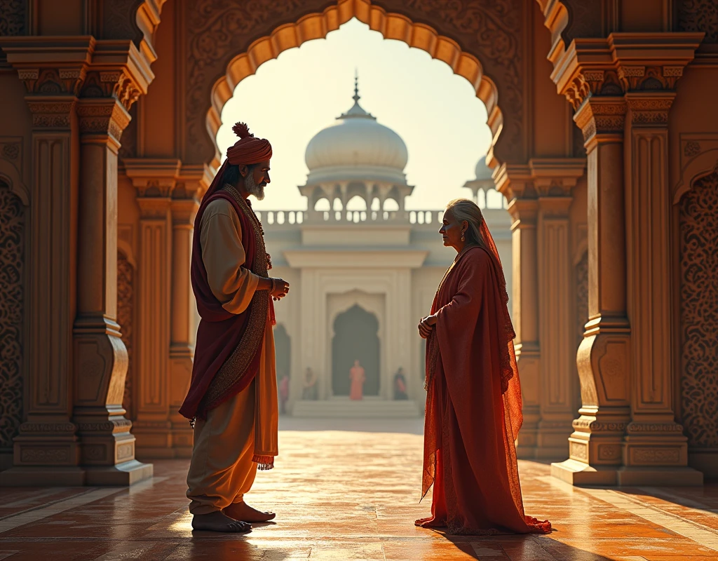 A rajasthan fort a rajput man and a rajput old woman standing and ...