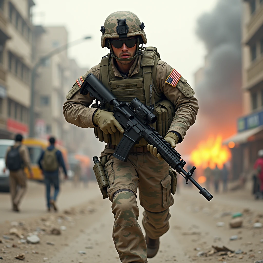 Soldat us army avec un fusil m-16 , casque et lunettes courant dans ...