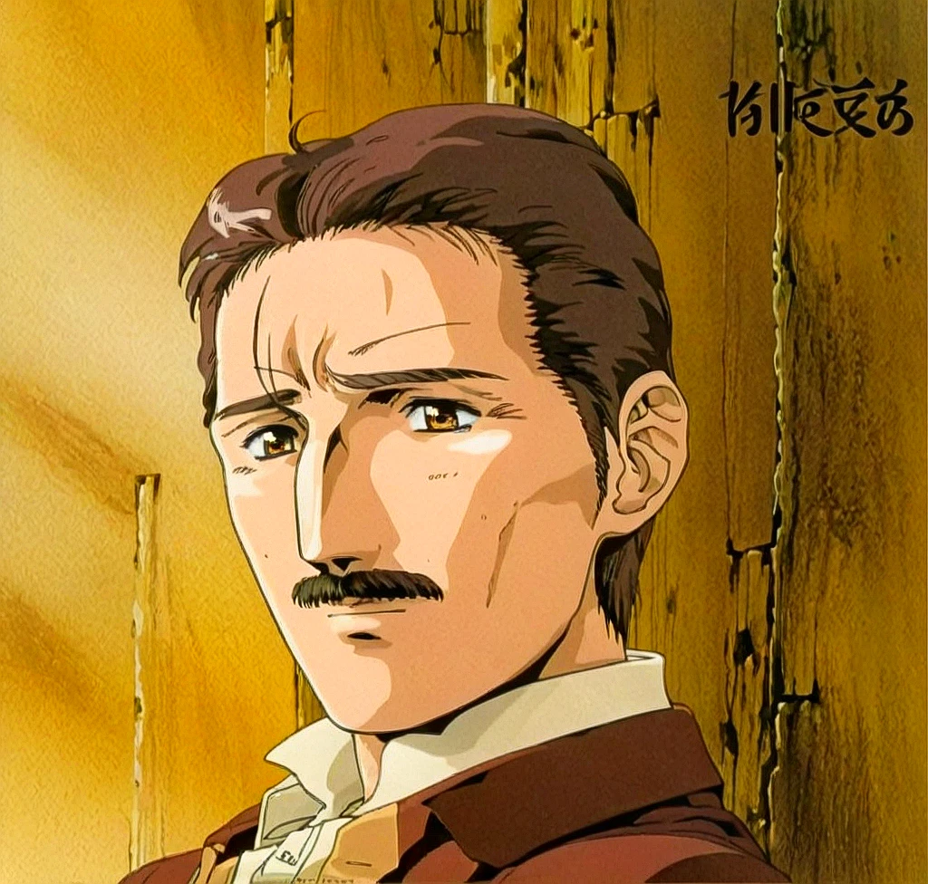 Anime character with mustache and moustache in front of a wooden wall ...