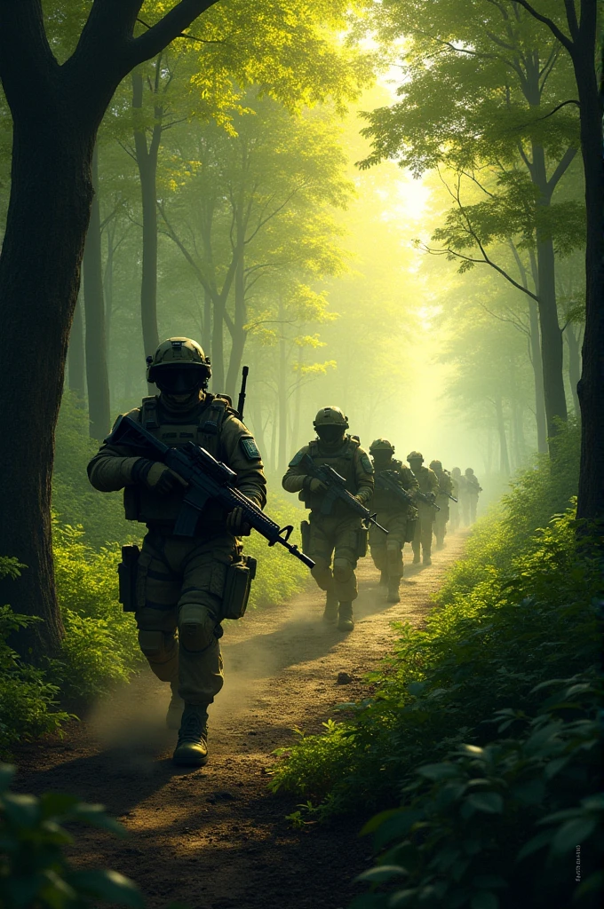 A well-armed army army moves stealthily through a dense forest - SeaArt AI