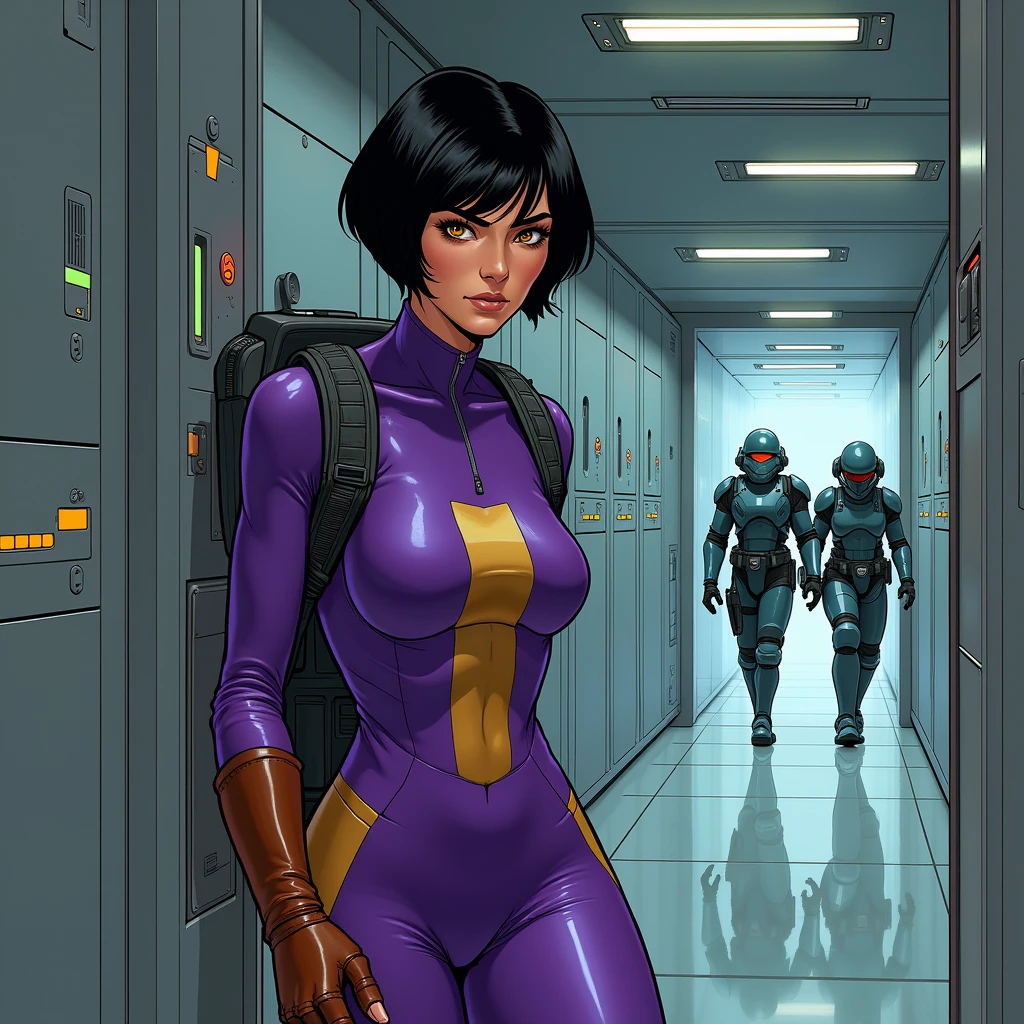 Illustrate Space Nisha, the determined space adventurer, sneaking into ...