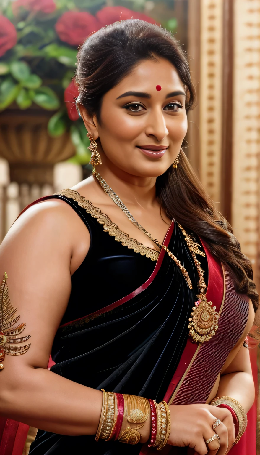 Anusha in a black sari and red blouse - SeaArt AI