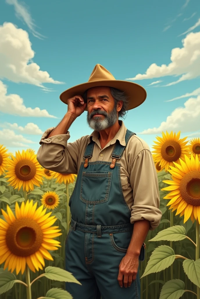 Farmer standing in sunflower garden with triangle cap on head and one ...