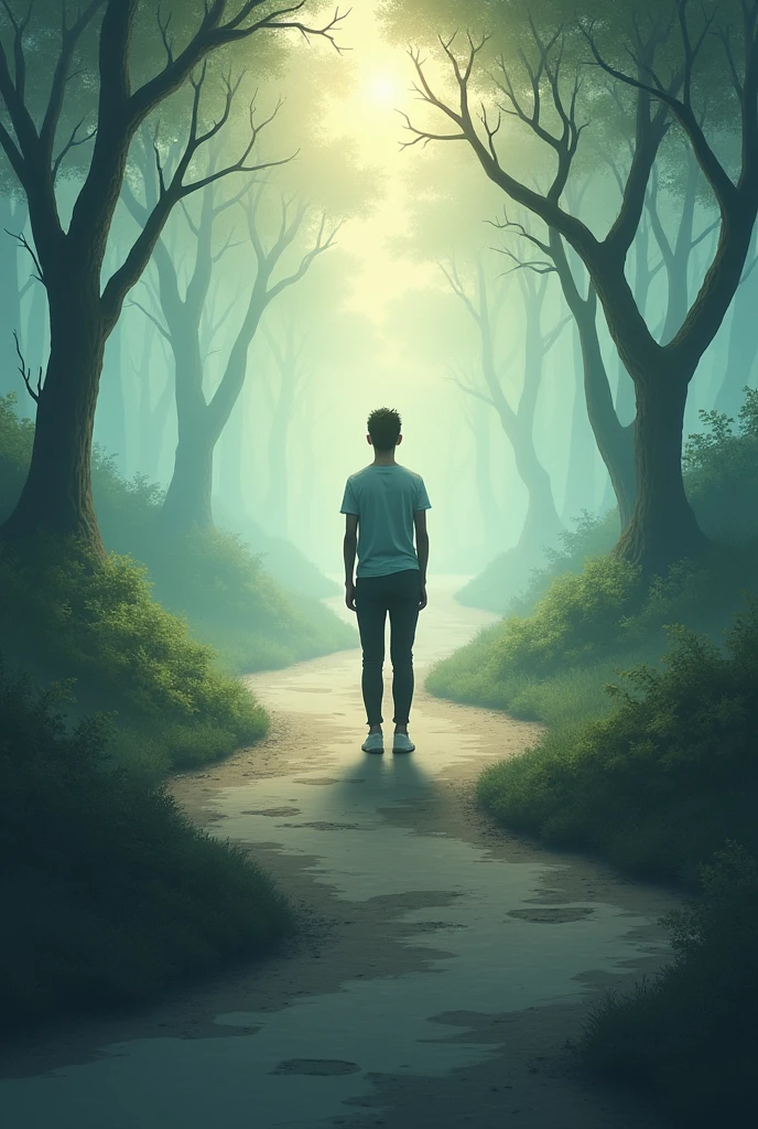 A person standing at a crossroads or the start of a path, facing ...