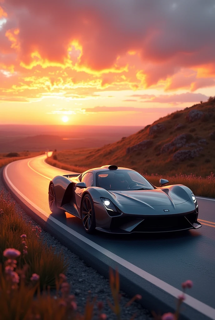 Create car on the road with sunset - SeaArt AI