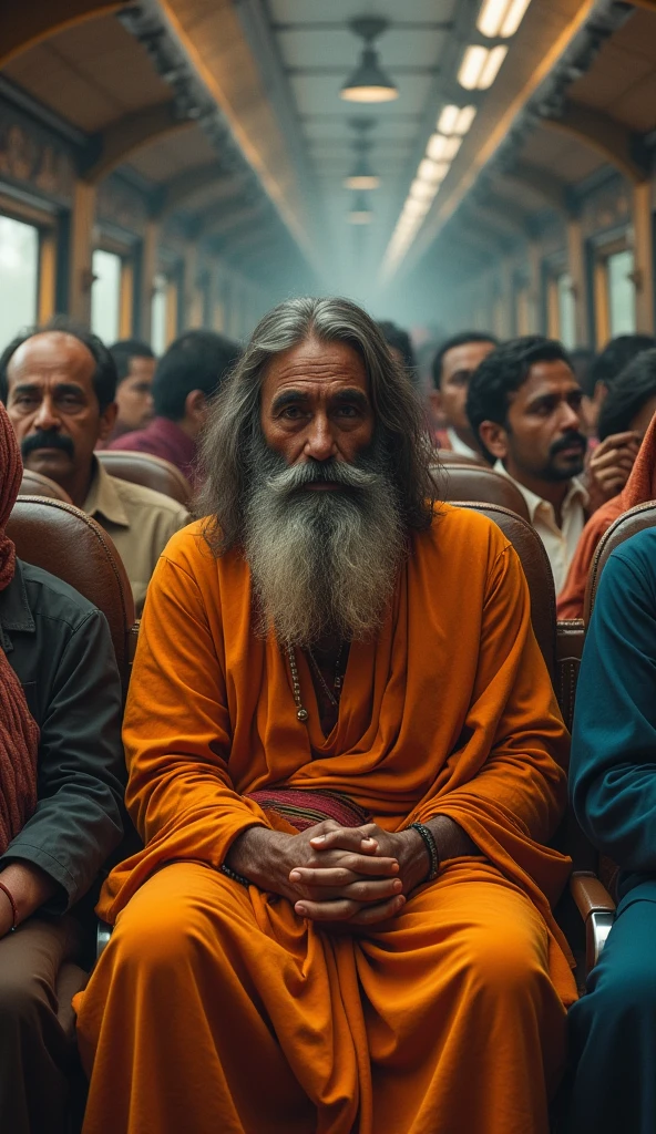 The sadhu sitting in a train compartment, blending with the ordinary ...