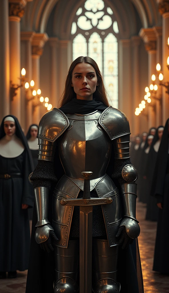 Joan of Arc dressed in armor in a religious church with nuns - SeaArt AI