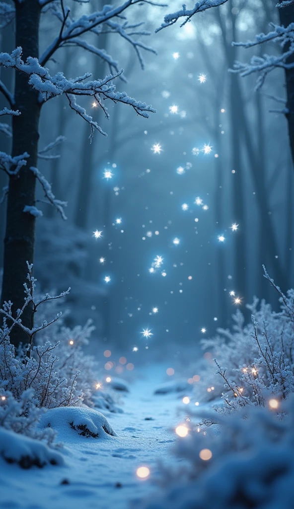 Tiny crystal snowflakes fall through a dense, enchanted forest - SeaArt AI