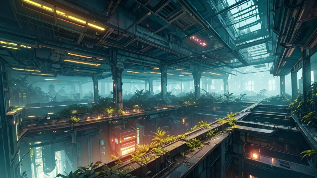 A futuristic abandoned laboratory, overgrown with lush plants - SeaArt AI