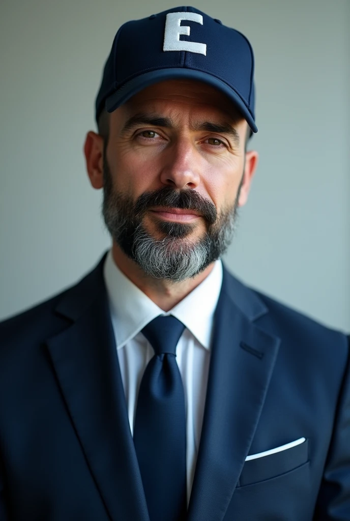 Create an image of a white man with a short beard wearing a blue cap ...