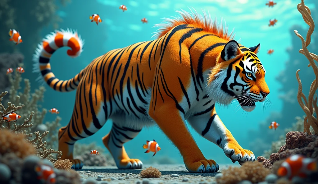 Generate a hybrid image of a Tiger with clownfish the image has to be ...