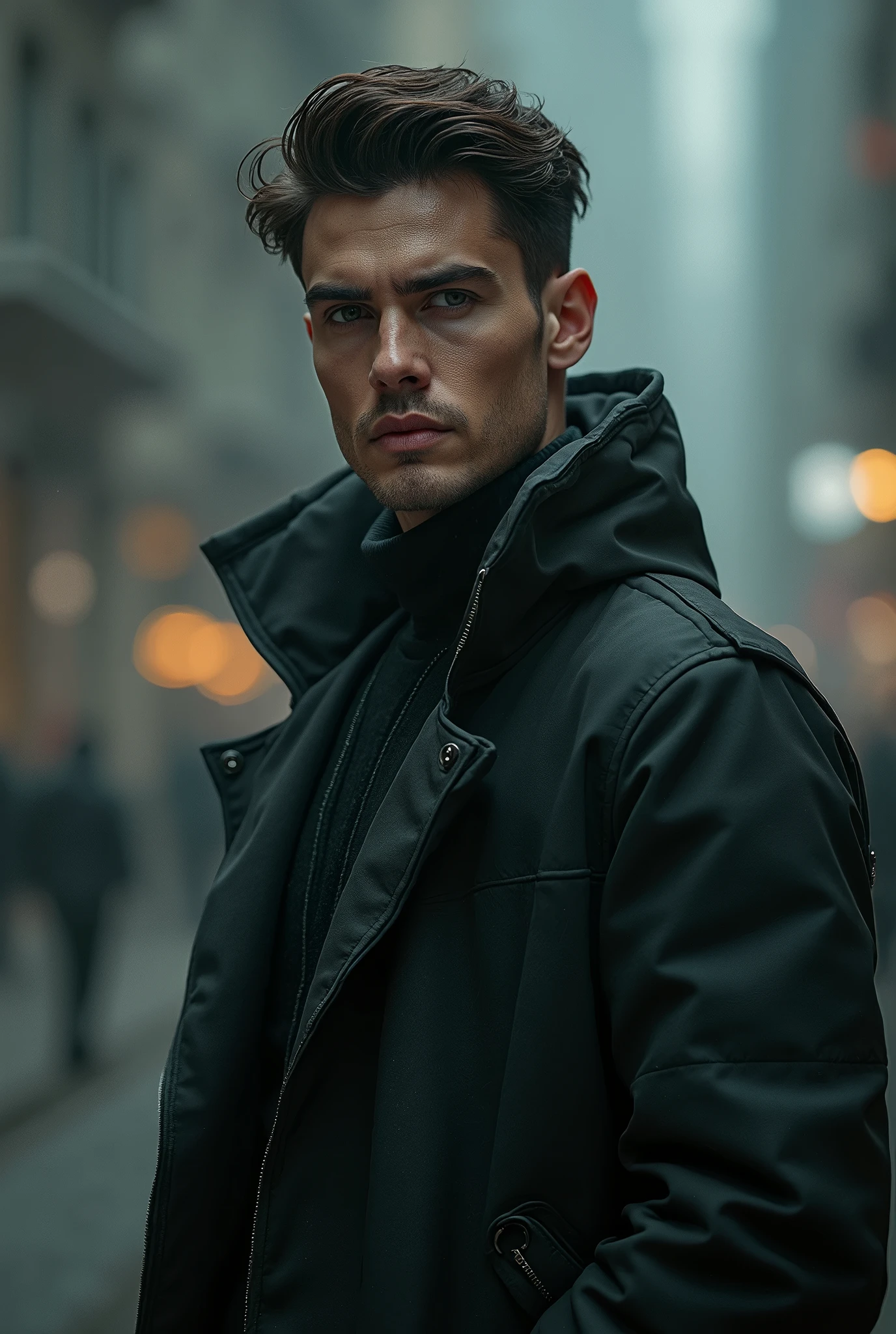 Arafed man in a black coat standing on a city street - SeaArt AI