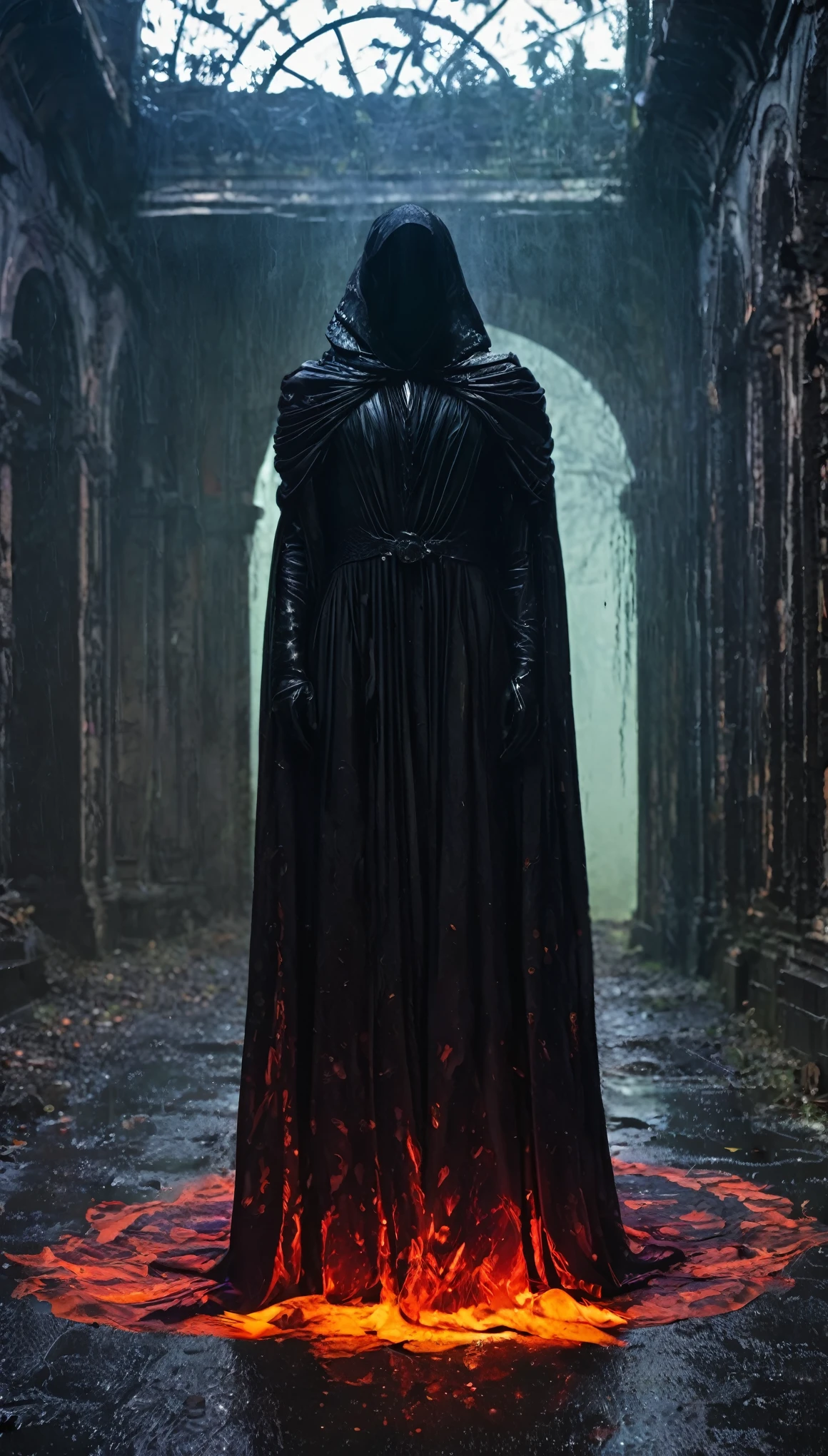 A man in a black robe standing in a dark room with a fire - SeaArt AI