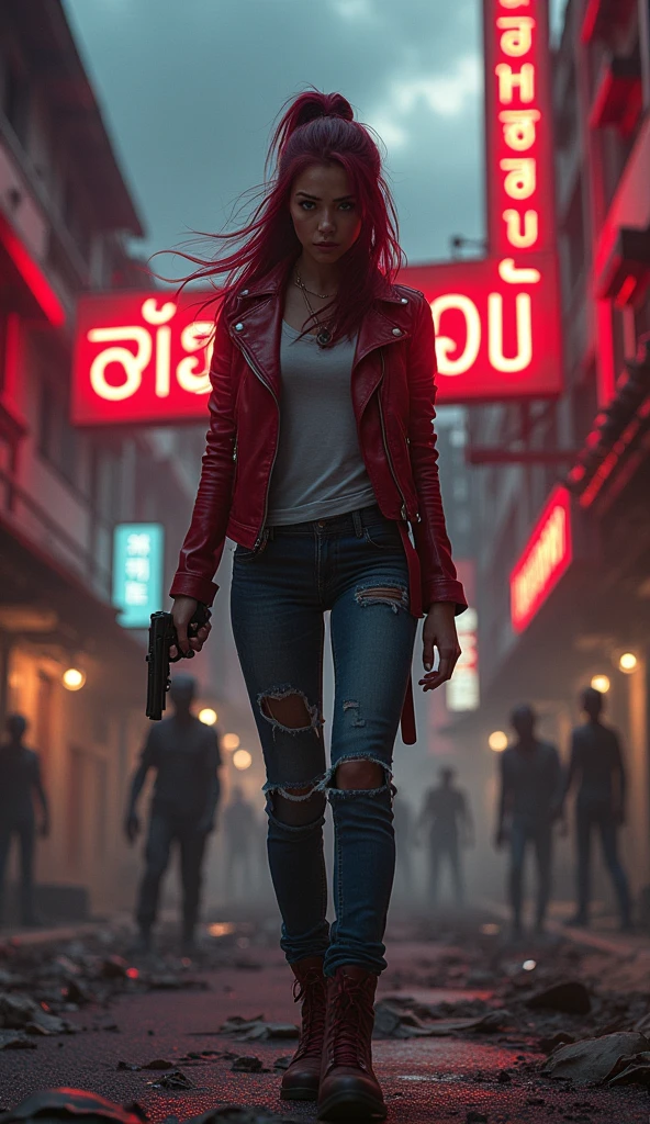 A zombie apocalypse scene set in Thailand. The female protagonist stands boldly - SeaArt AI