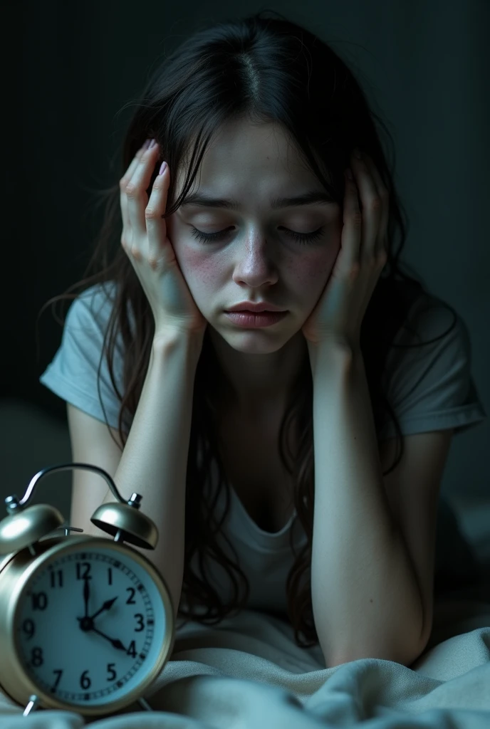 An emaciated girl holding her head, with a tired face and dark circles ...