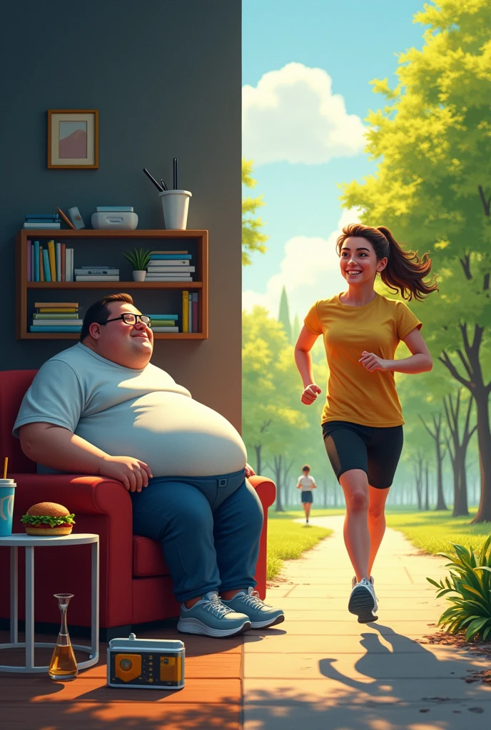 An illustration that contrasts sedentary and active life: on one side ...