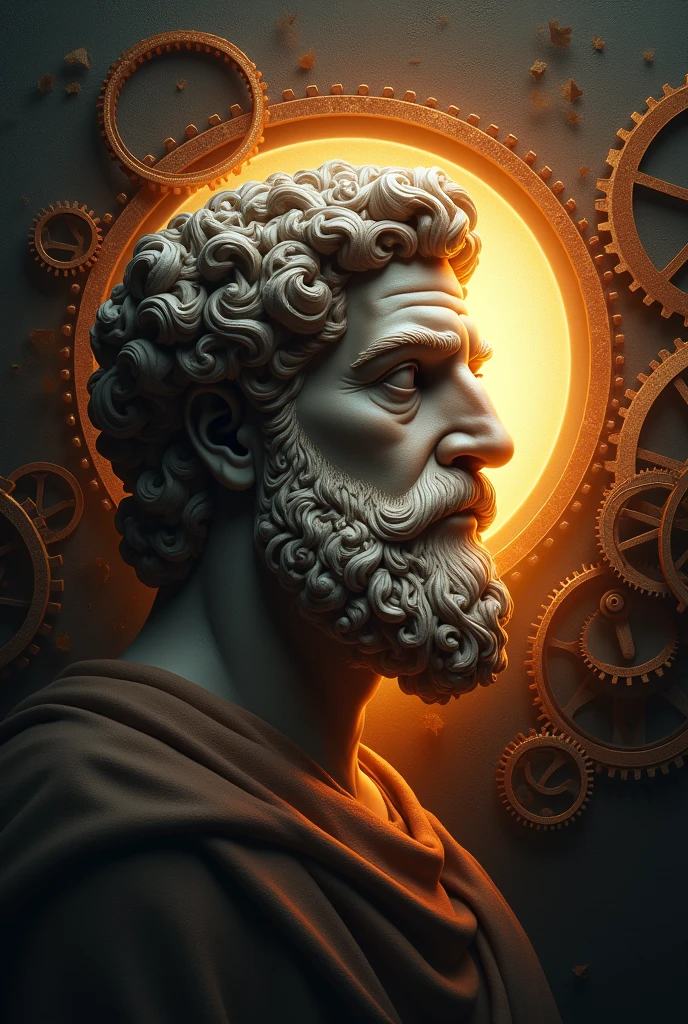 Face of Aristotle, along with gears that symbolize a thinking being ...