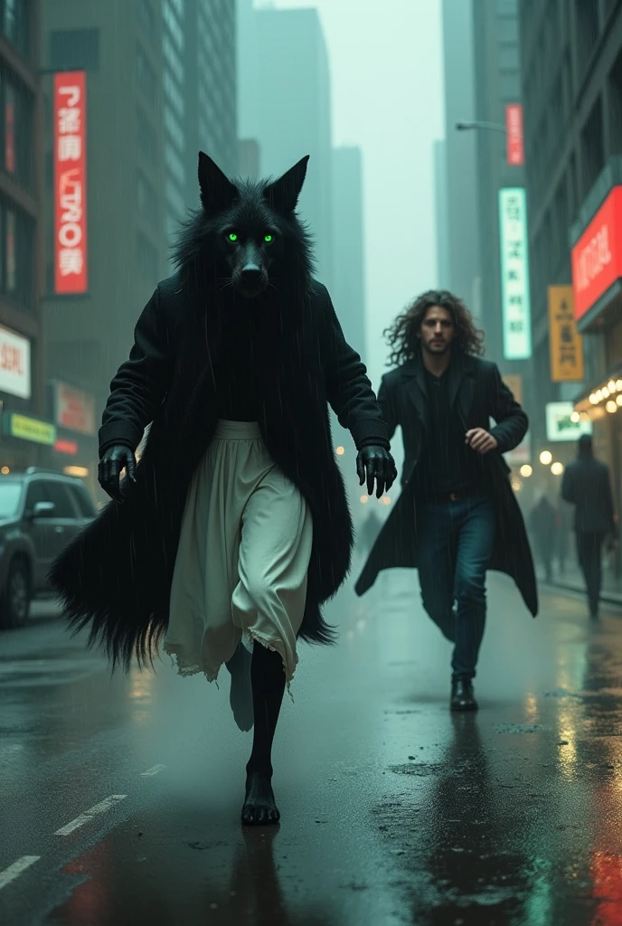 Wolf woman runs scared through the big city at night in the middle of a ...