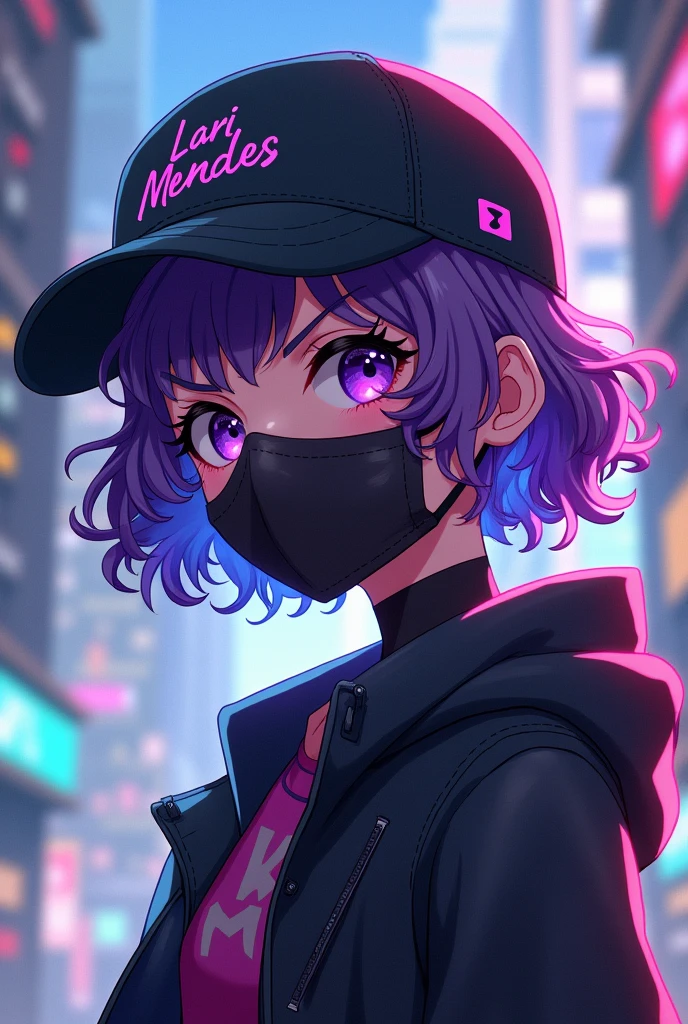 Female anime with mask and cap with the name Lari Mendes written on it ...