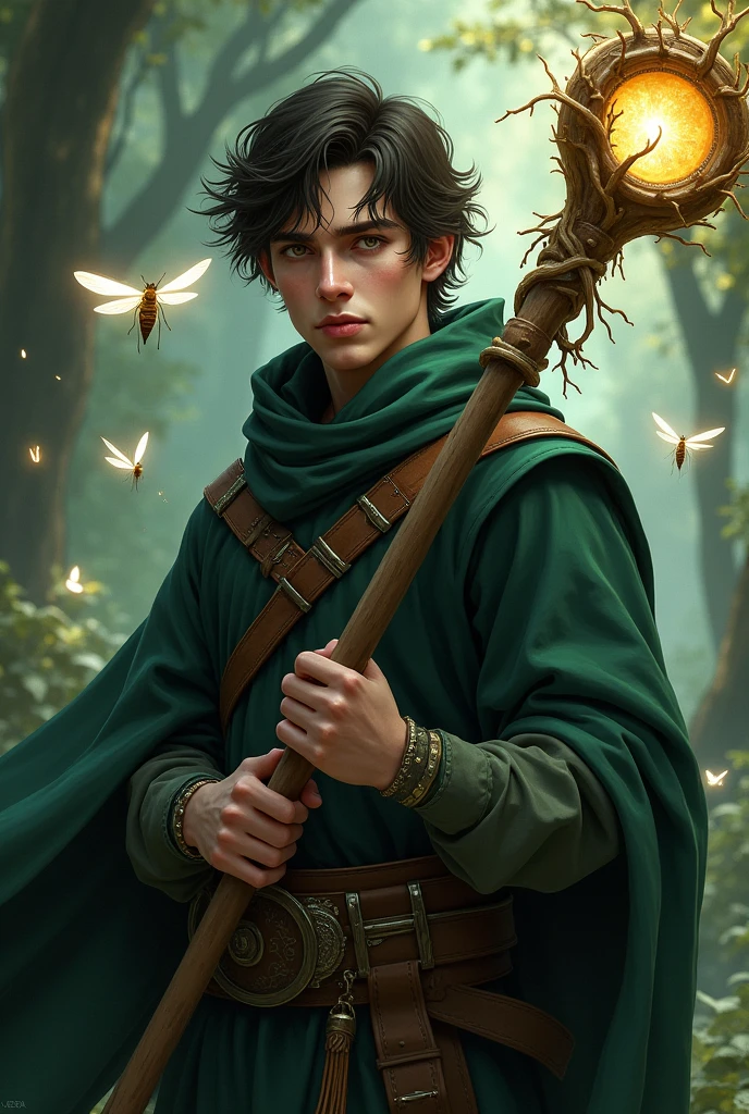A young white man as a mage, with very low black hair, wearing a dark ...