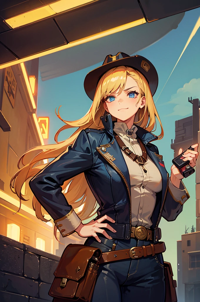 Face through torso, 1girl, dieselpunk, curvy, long hair(golden hair ...