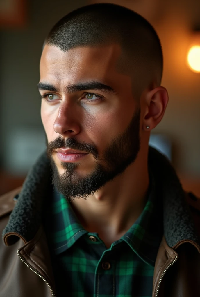 A young man resembling singer nick jonas, buzzcut hair, handlebar ...