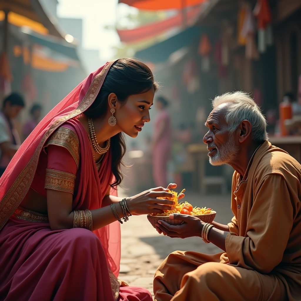 Compassionate Gesture at a Market: "Design an ultra-realistic 3D image ...
