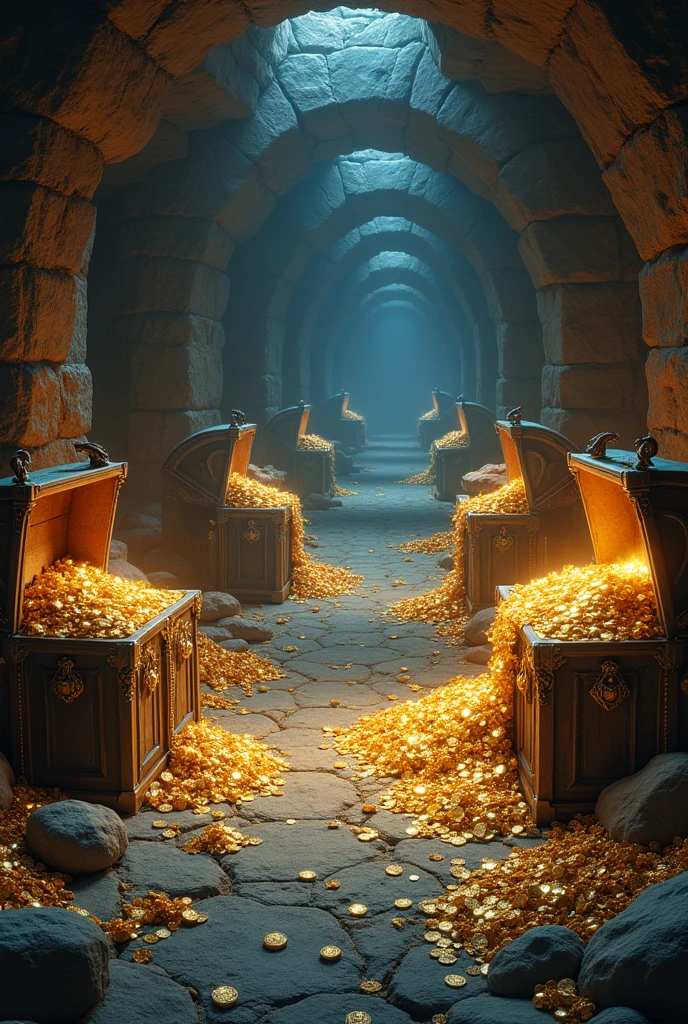 Create a rich, detailed scene of an underground room filled with ornate ...