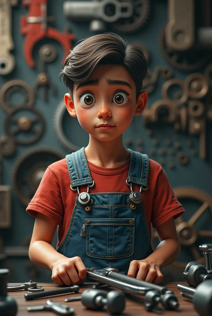 Young person with auto mechanic tools in hands and gear on one side ...