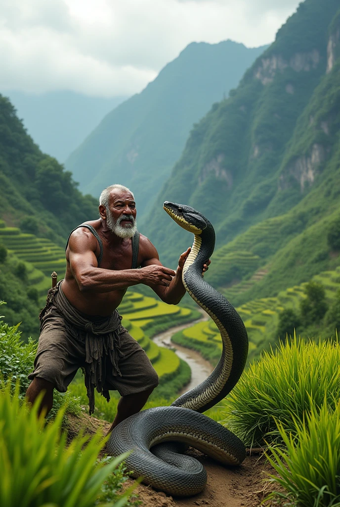 Old tribal man killing a python in a shifting cultivation of rice ...