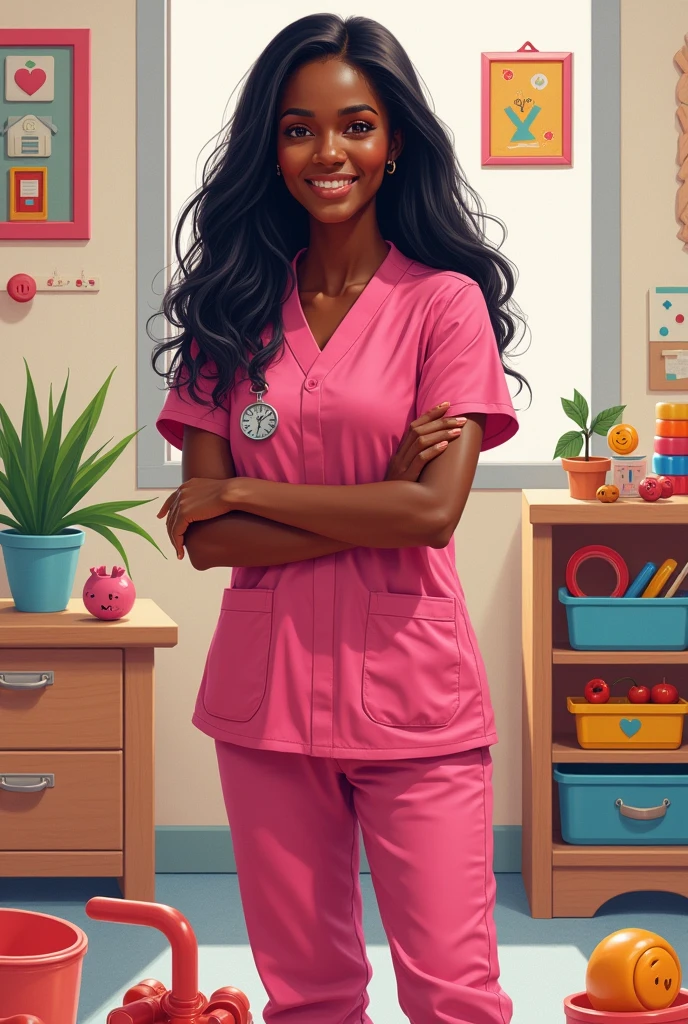 Drawing of black occupational therapist with long straight hair in pink ...