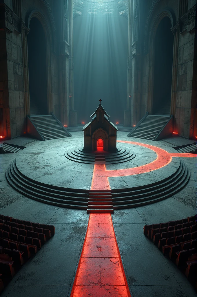 Round theater stage, with a small hollow church shape, around this ...