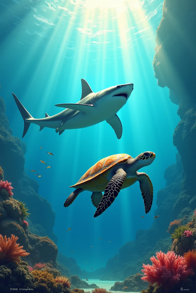 Sea turtle and shark - SeaArt AI