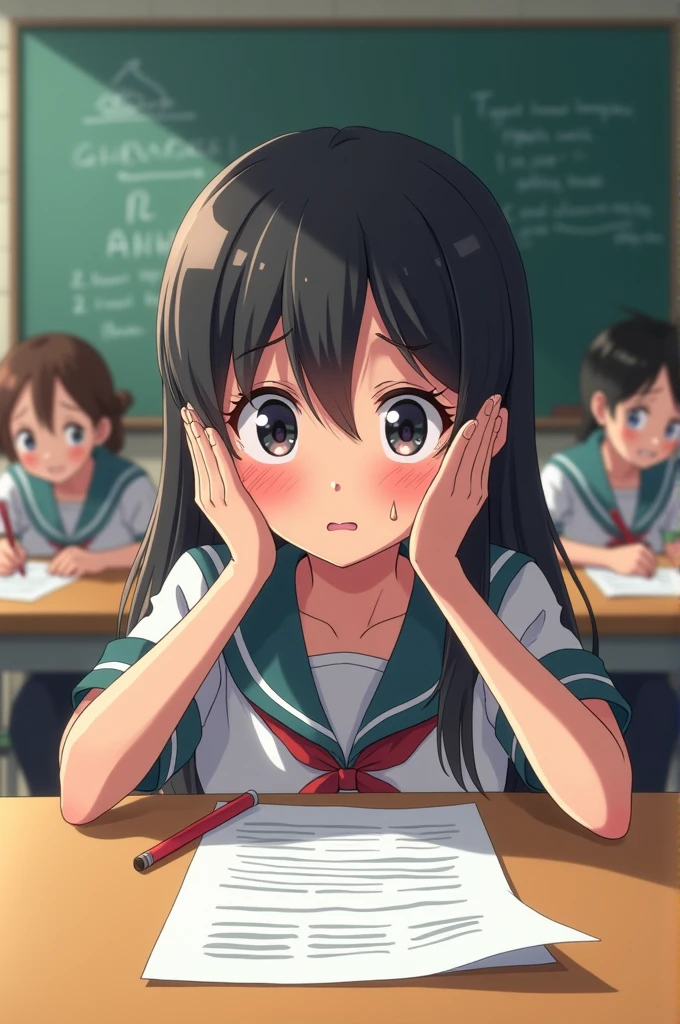An anime character writing exam without knowing the answers - SeaArt AI