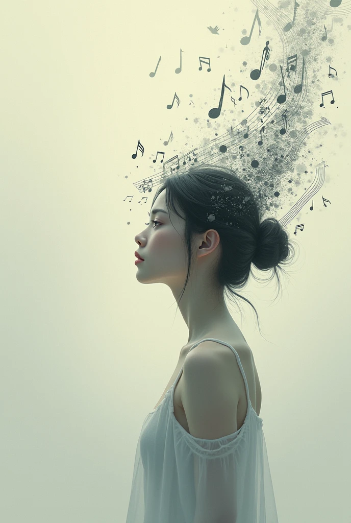 Thoughtful character listening to music, with musical notes and sound ...