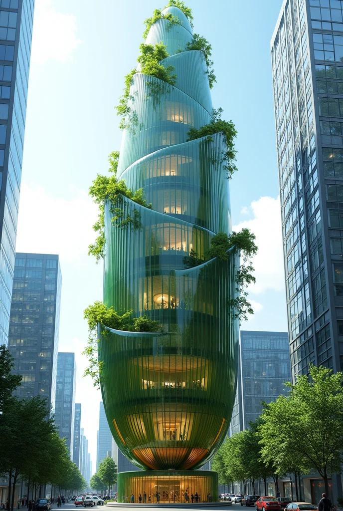 A corn-shaped glass-encased building with leaves in a modern city ...