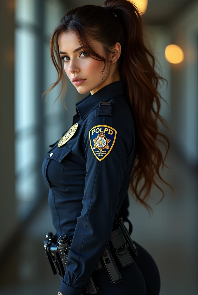 Ultra realistic, photography, female cop, policewoman, long brunette ...