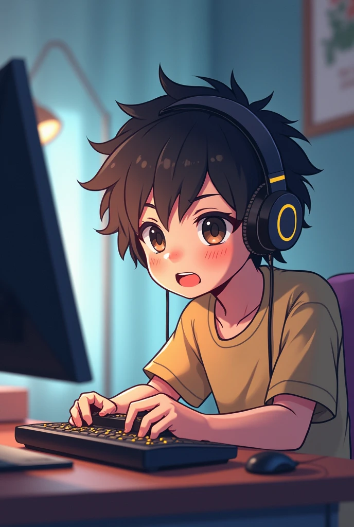Hd image of a boy who playing game on pc with headphone is on head on ...