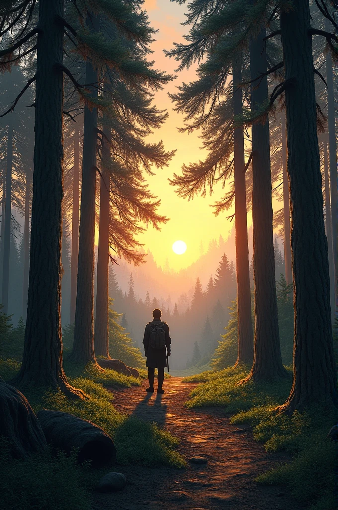 Forest with pine trees at sunset in the middle of the Middle Ages ...