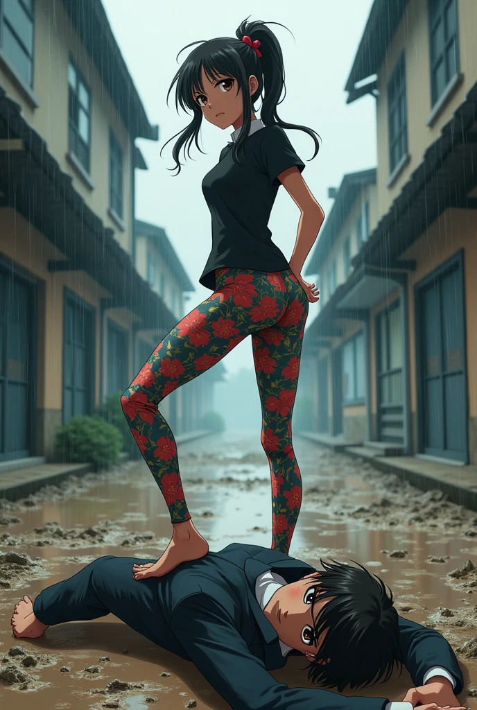 Anime girl in Floral leggings and black short sleeve stepping on a mud ...